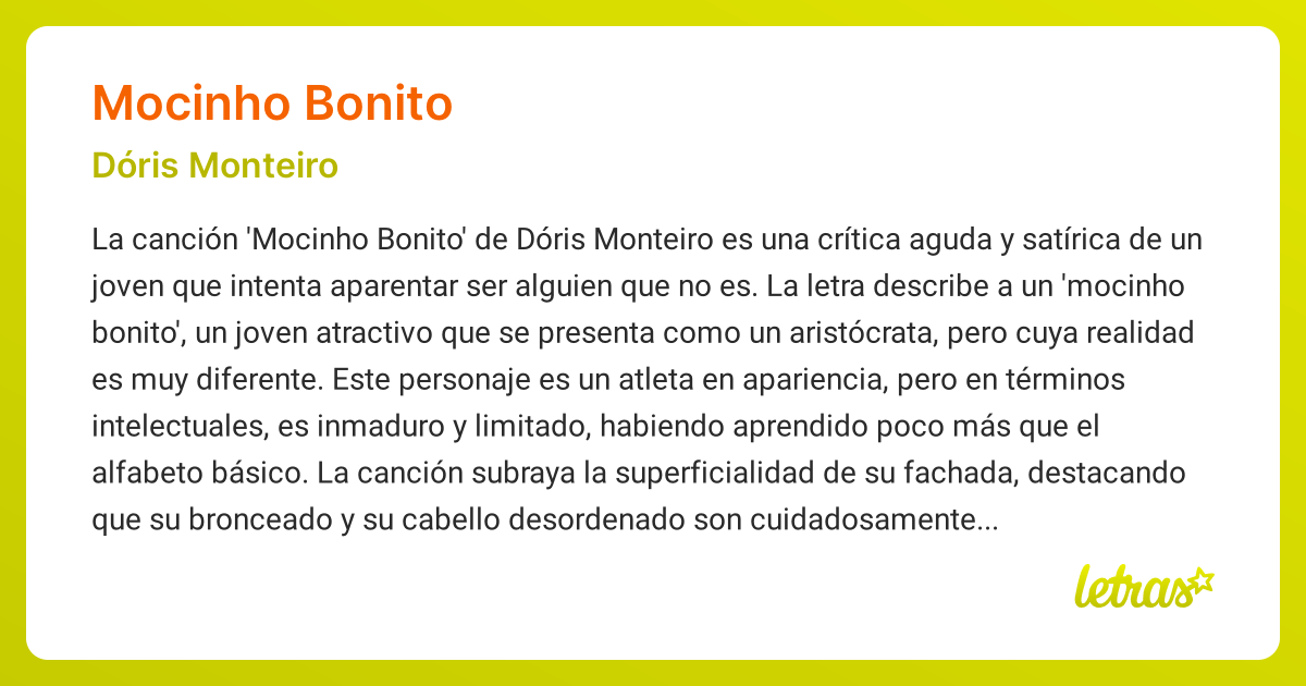 Significado de la canción MOCINHO BONITO (Dóris Monteiro) - LETRAS.COM