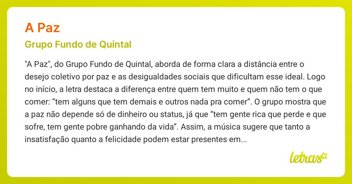 Significado da música A PAZ (Grupo Fundo de Quintal) - LETRAS.MUS.BR