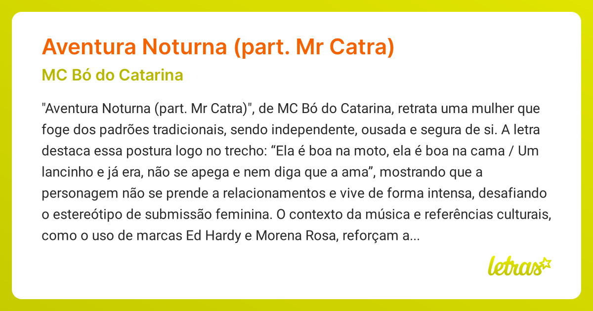 Significado da música Aventura Noturna (part. Mr Catra) (MC Bó do ...