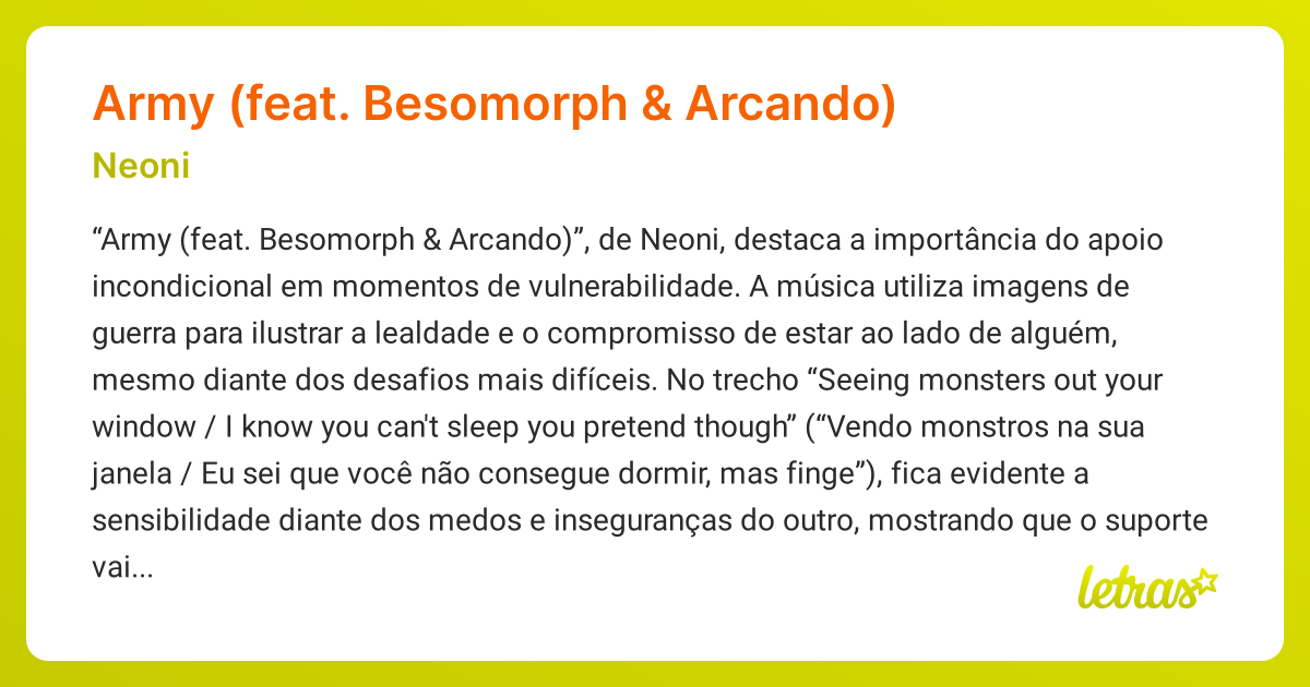 Significado da música Army (feat. Besomorph & Arcando) (Neoni) - LETRAS ...