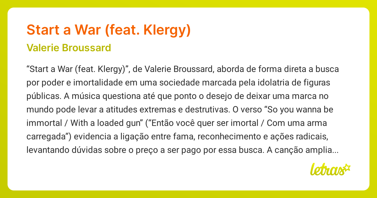 Significado da música START A WAR (FEAT. KLERGY) (Valerie Broussard ...