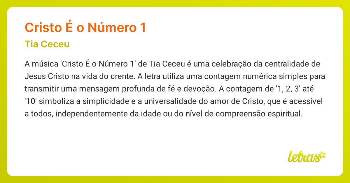 Significado da música CRISTO É O NÚMERO 1 (Tia Ceceu) - LETRAS.MUS.BR