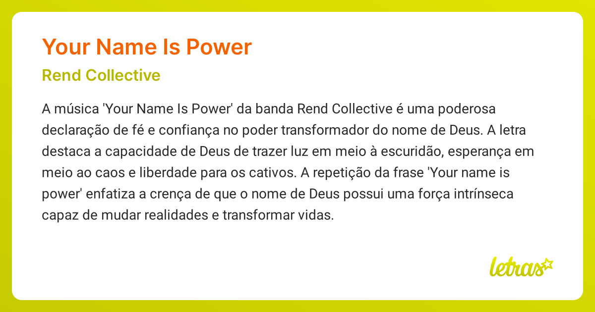 Significado da música YOUR NAME IS POWER (Rend Collective) - LETRAS.MUS.BR