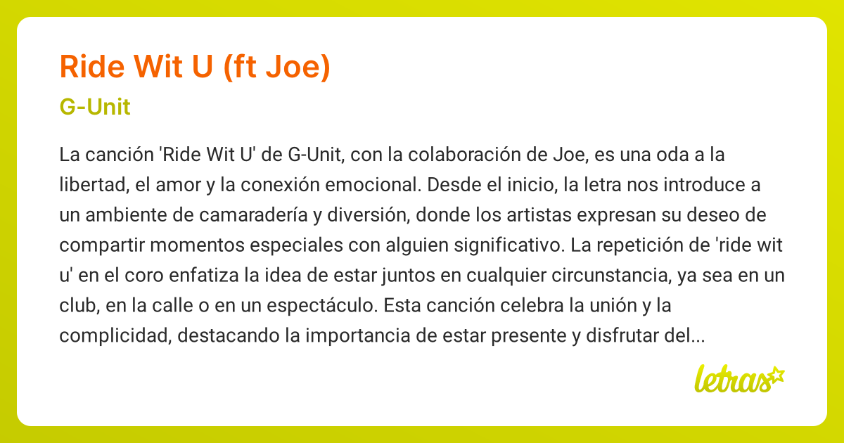 Significado de la canción RIDE WIT U (FT JOE) (G-Unit) - LETRAS.COM