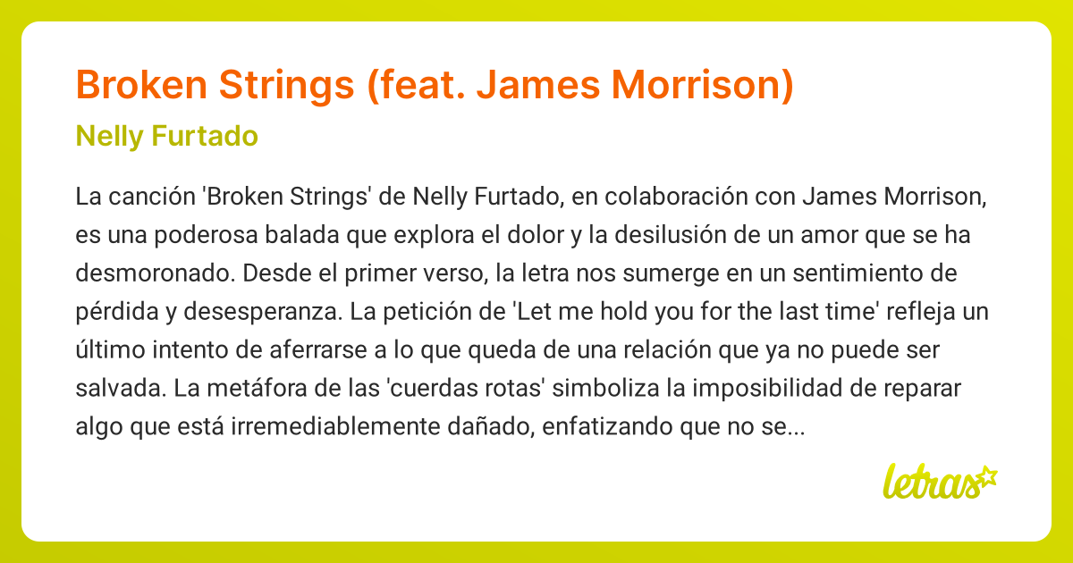 Significado de la canción Broken Strings (feat. James Morrison) (Nelly ...