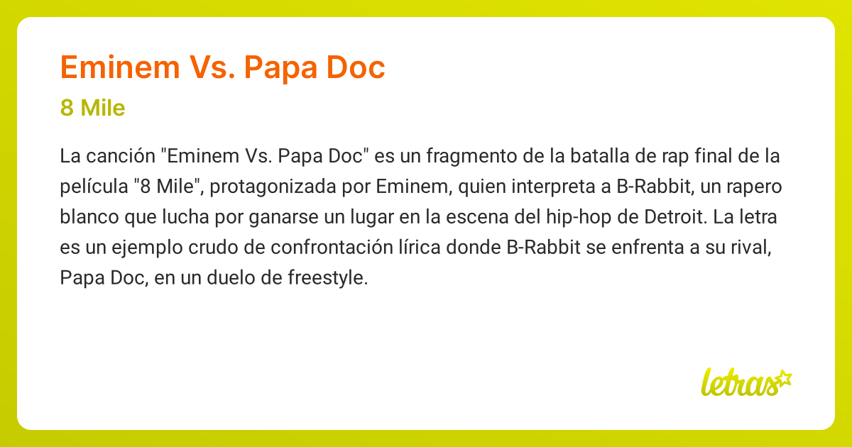 Significado de la canción EMINEM VS. PAPA DOC (8 Mile) - LETRAS.COM