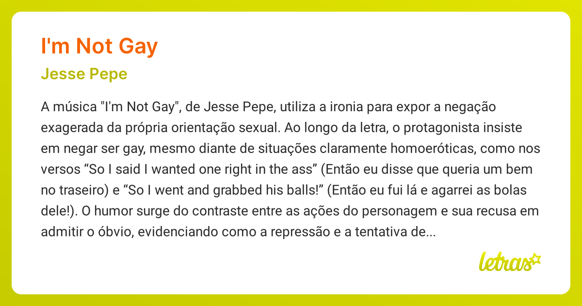 Significado da música I'M NOT GAY (Jesse Pepe) - LETRAS.MUS.BR