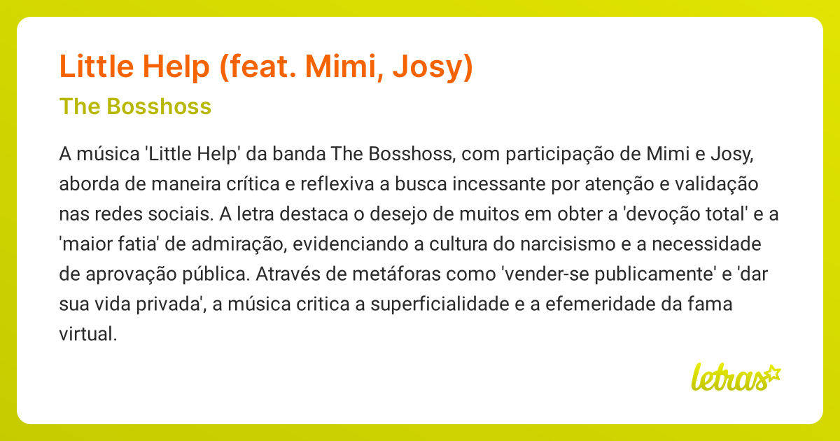 Significado da música LITTLE HELP (FEAT. MIMI, JOSY) (The Bosshoss ...