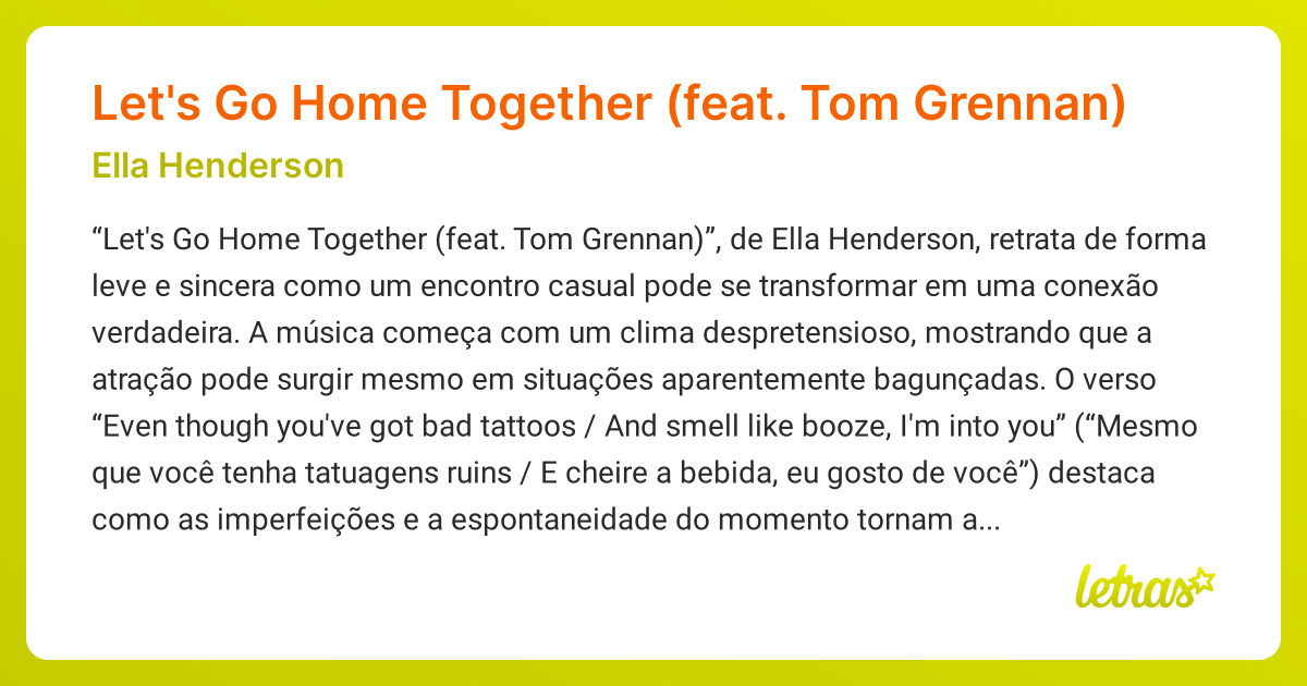 Significado da música Let's Go Home Together (feat. Tom Grennan ) (Ella ...