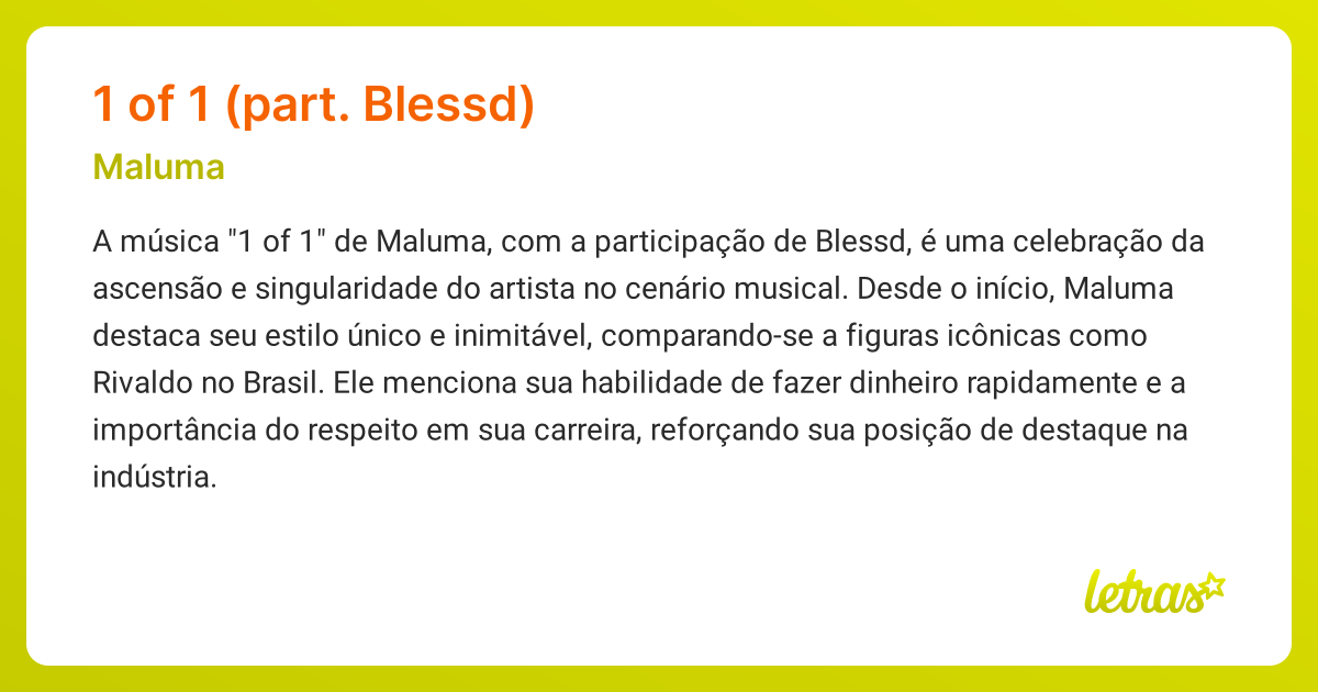 Significado da música 1 OF 1 (PART. BLESSD) (Maluma) - LETRAS.MUS.BR