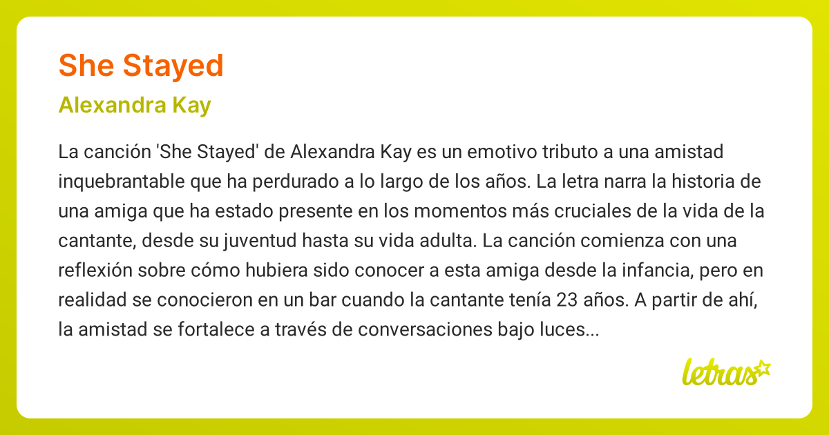 Significado de la canción SHE STAYED (Alexandra Kay) - LETRAS.COM