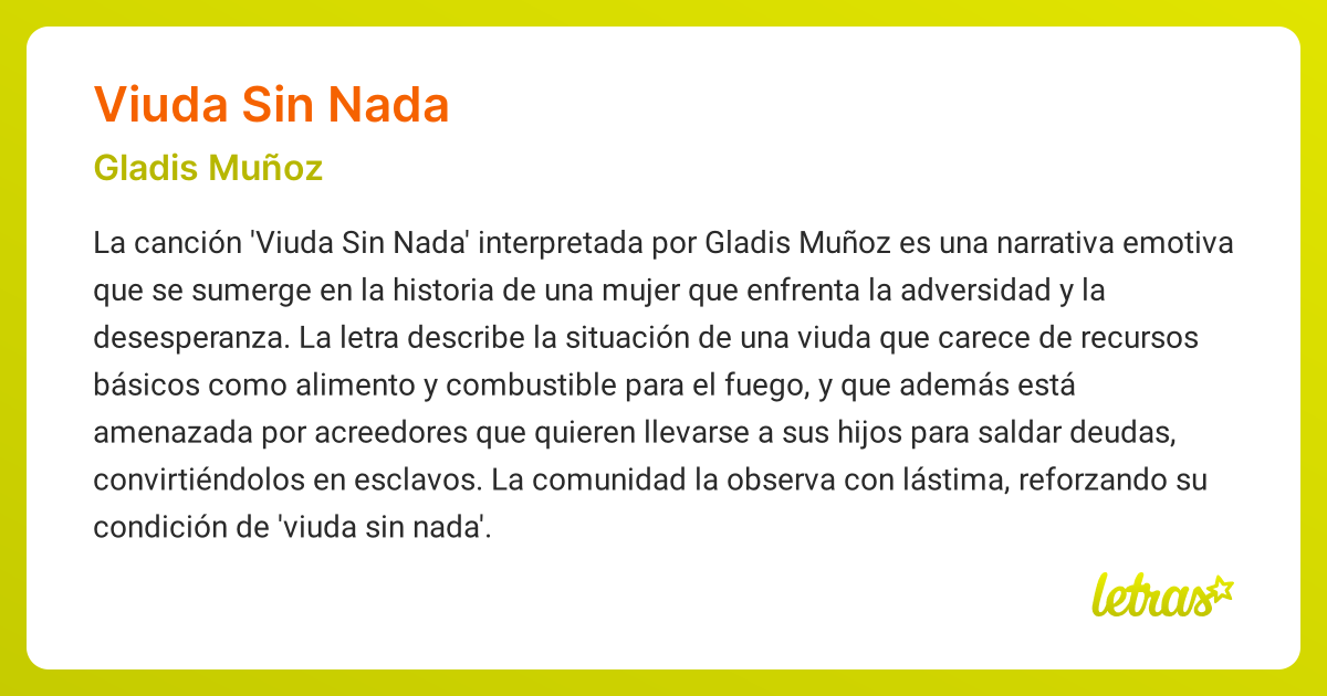 Significado de la canción VIUDA SIN NADA (Gladis Muñoz) - LETRAS.COM