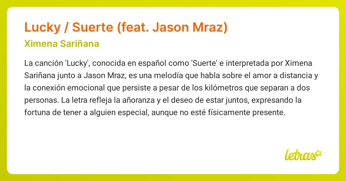 Significado de la canción Lucky / Suerte (feat. Jason Mraz) (Ximena ...