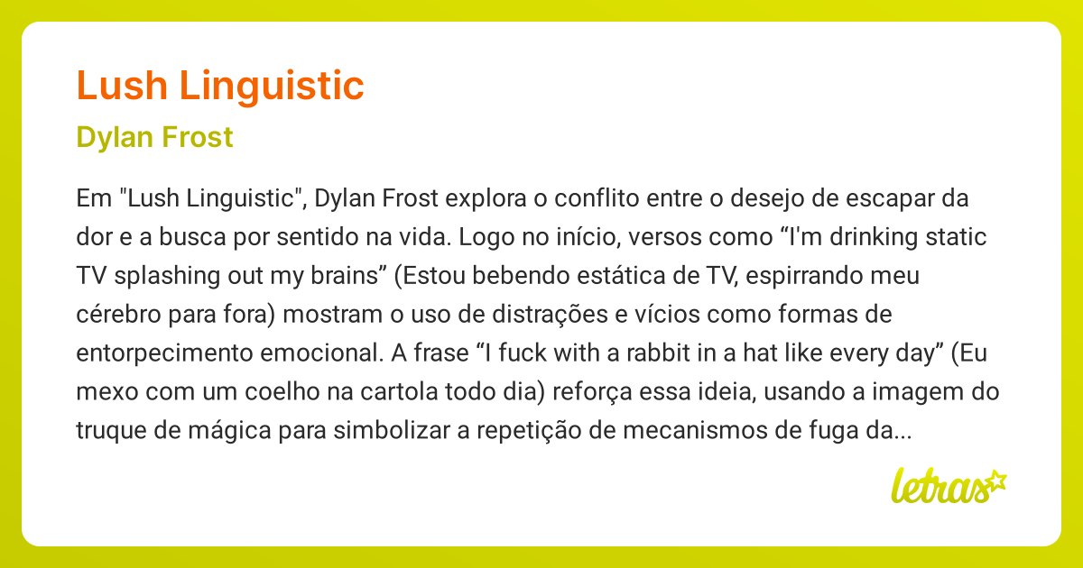 Significado da música LUSH LINGUISTIC (Dylan Frost) - LETRAS.MUS.BR