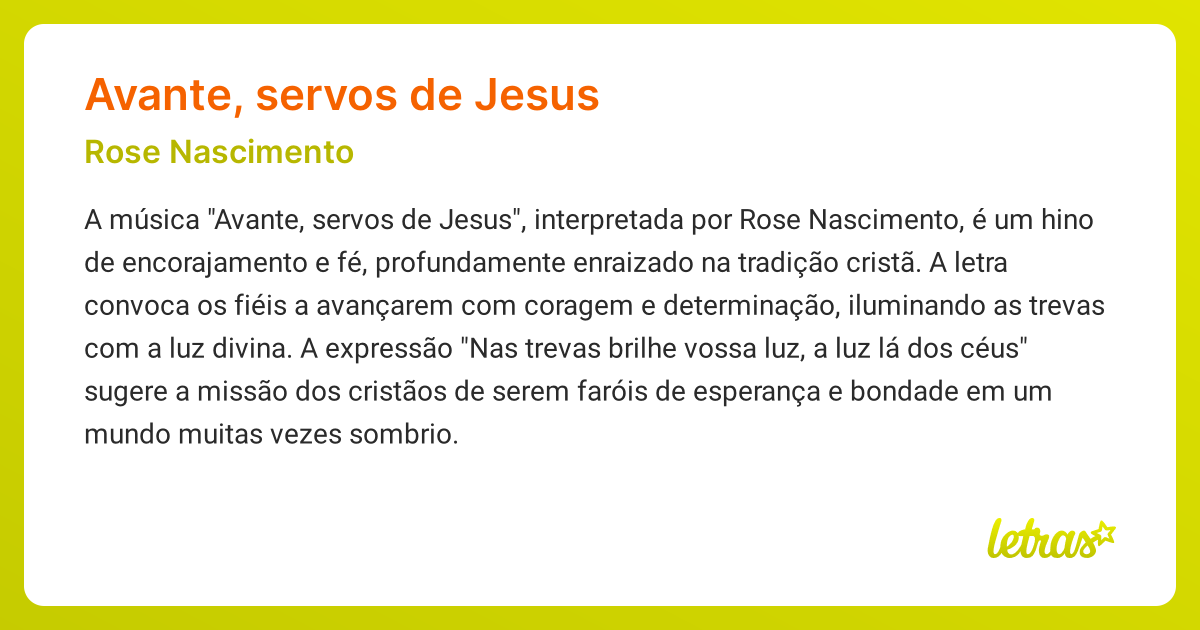 Significado da música AVANTE, SERVOS DE JESUS (Rose Nascimento ...