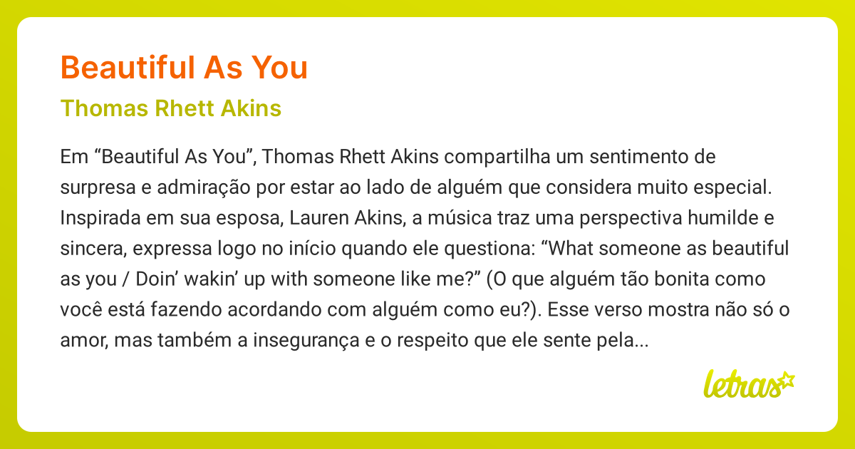 Significado da música BEAUTIFUL AS YOU (Thomas Rhett Akins) - LETRAS.MUS.BR