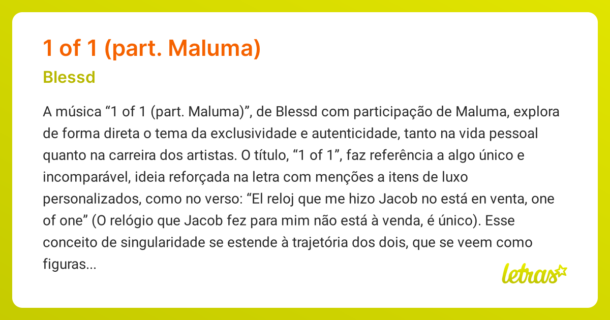 Significado da música 1 OF 1 (PART. MALUMA) (Blessd) - LETRAS.MUS.BR