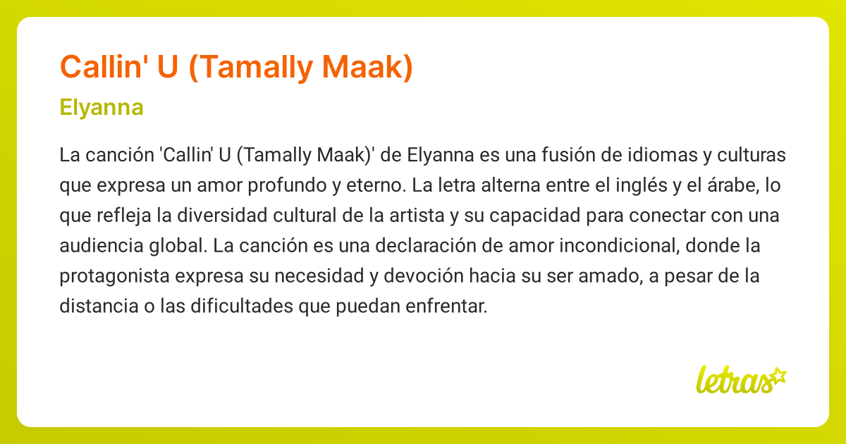 Significado de la canción CALLIN' U (TAMALLY MAAK) (Elyanna) - LETRAS.COM