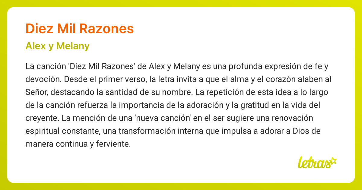 Significado de la canción DIEZ MIL RAZONES (Alex y Melany) - LETRAS.COM