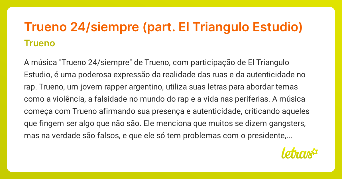 Significado da música Trueno 24/siempre (part. El Triangulo Estudio) (Trueno) - LETRAS.MUS.BR