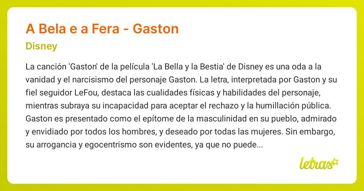 Significado de la canción A BELA E A FERA - GASTON (Disney) - LETRAS.COM