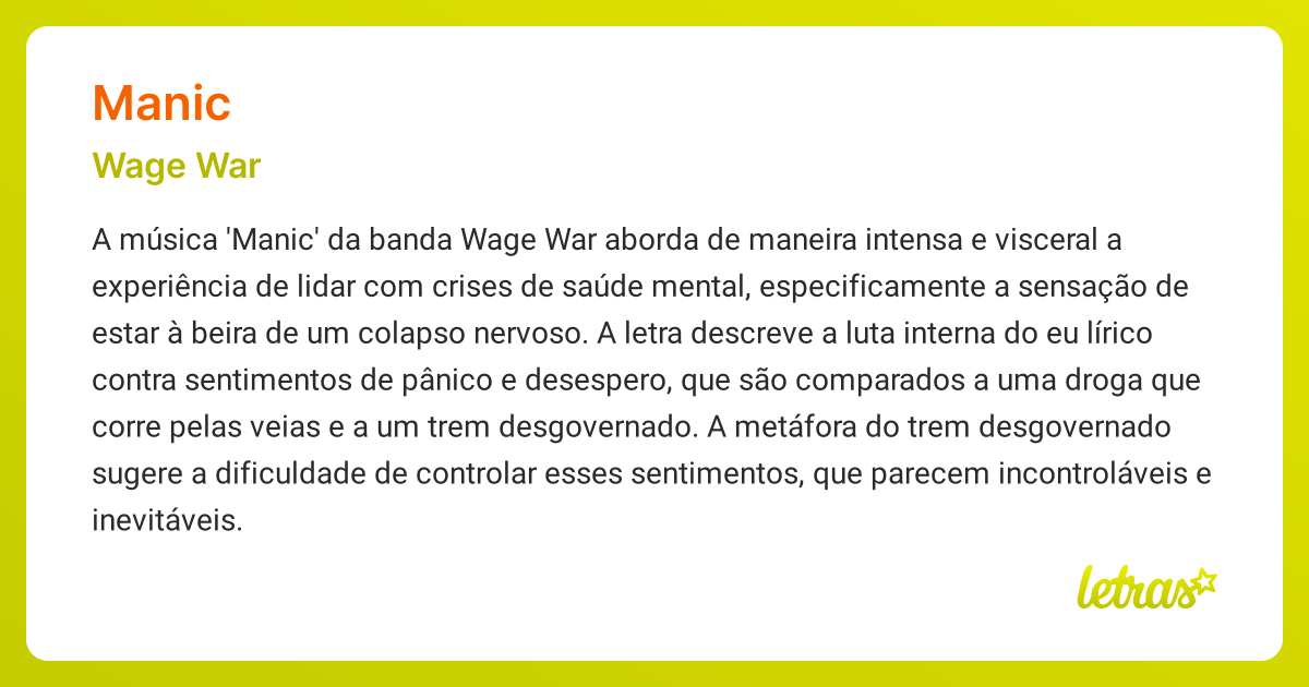 Significado da música MANIC (Wage War) - LETRAS.MUS.BR