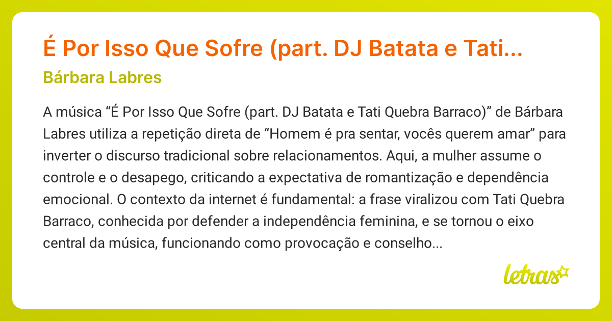 Significado da música É Por Isso Que Sofre (part. DJ Batata e Tati ...