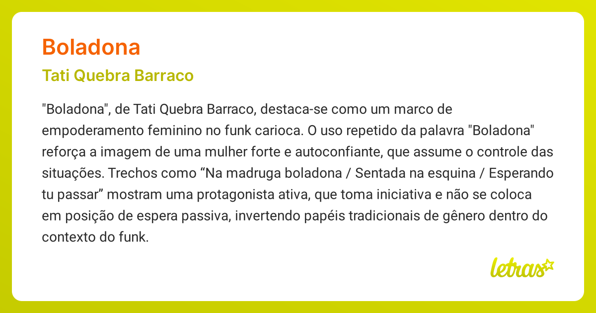 Significado da música BOLADONA (Tati Quebra Barraco) - LETRAS.MUS.BR