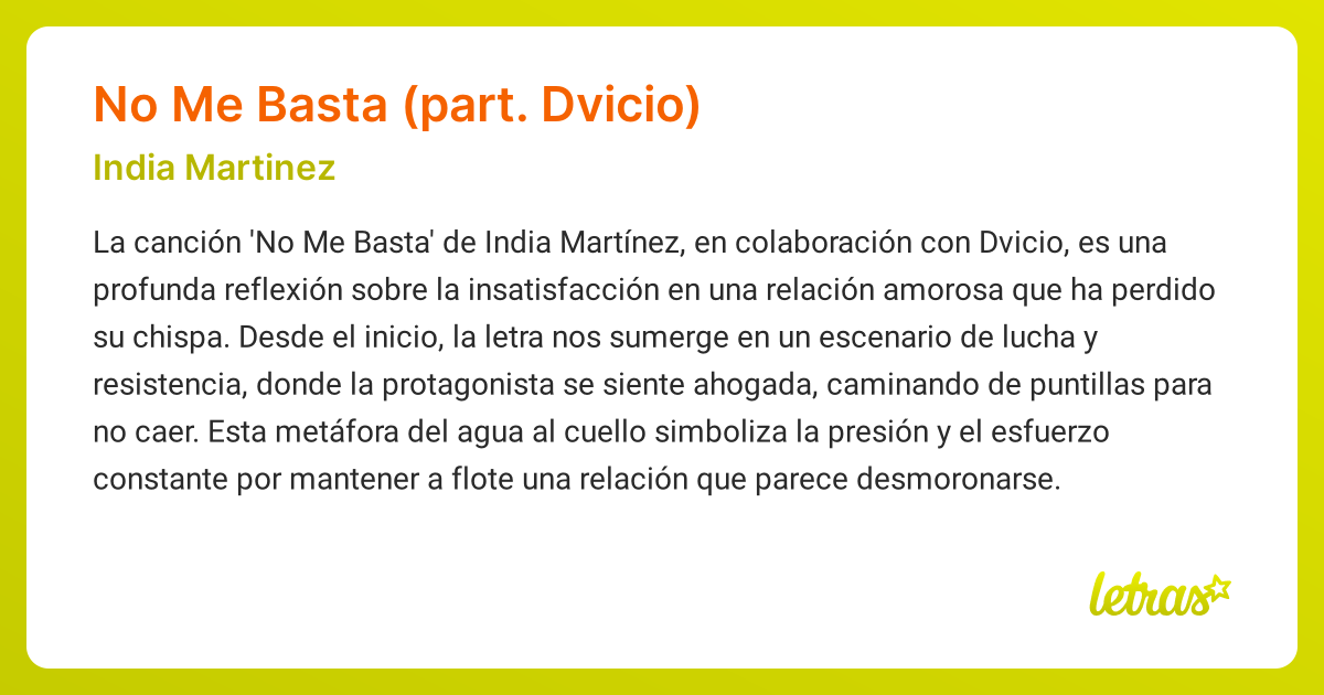 Significado de la canción NO ME BASTA (PART. DVICIO) (India Martinez ...