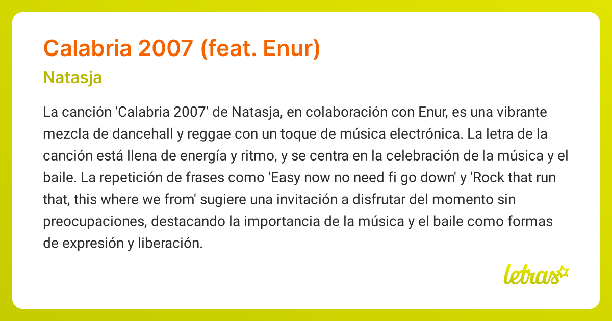 Significado de la canción CALABRIA 2007 (FEAT. ENUR) (Natasja) - LETRAS.COM
