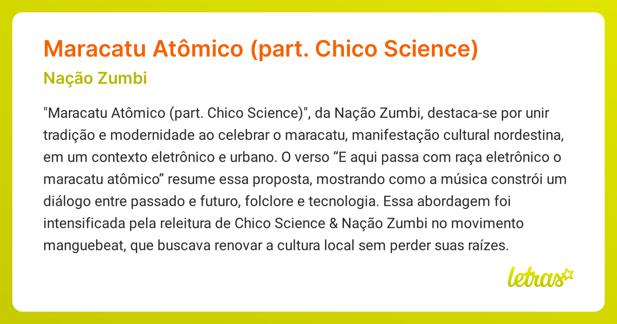 Significado da música Maracatu Atômico (part. Chico Science) (Nação ...
