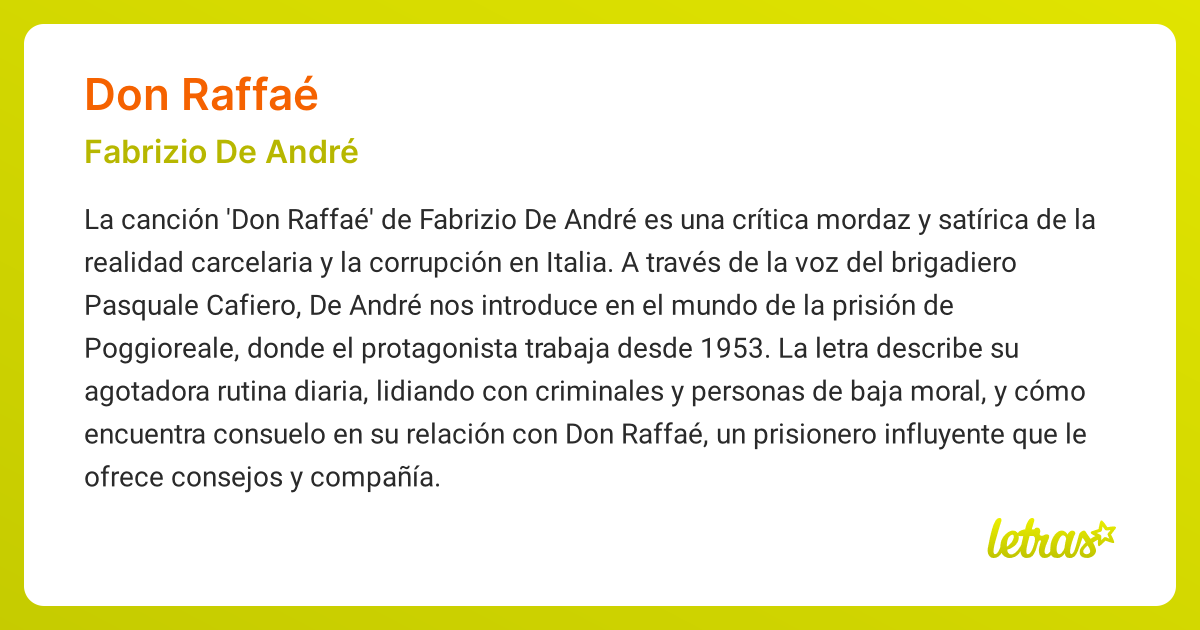 Significado de la canción DON RAFFAÉ (Fabrizio De André) - LETRAS.COM