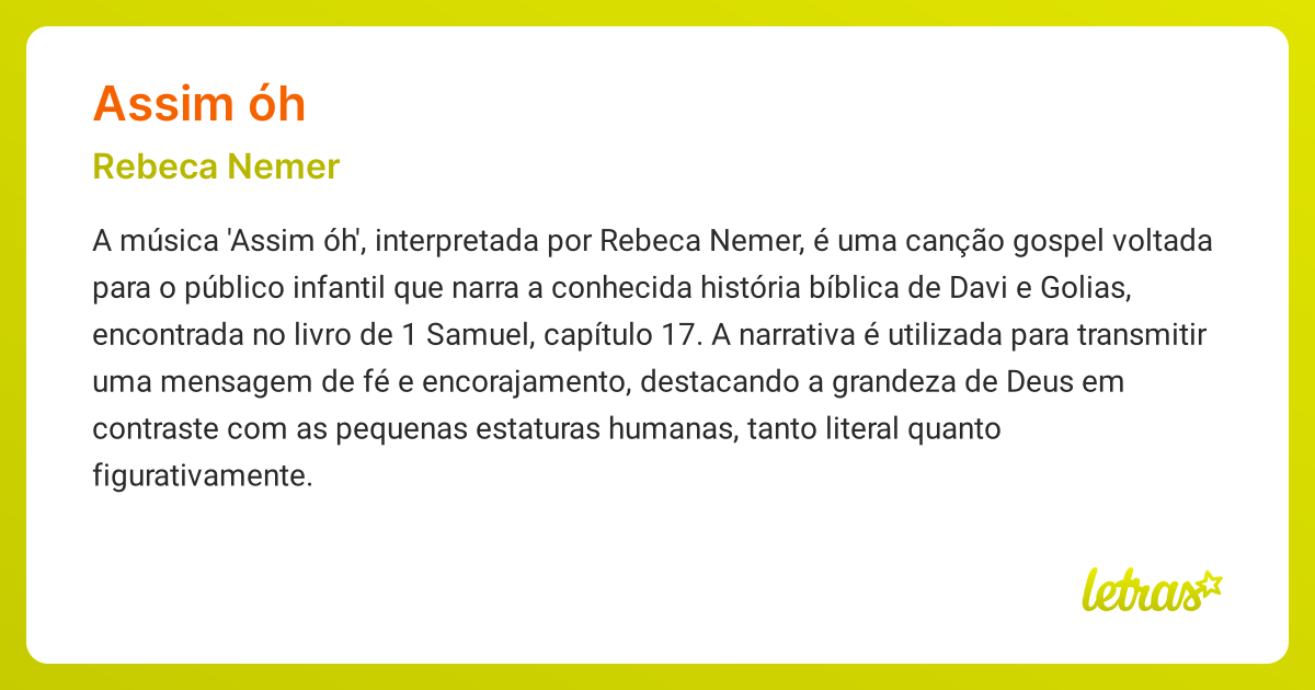 Significado da música ASSIM ÓH (Rebeca Nemer) - LETRAS.MUS.BR