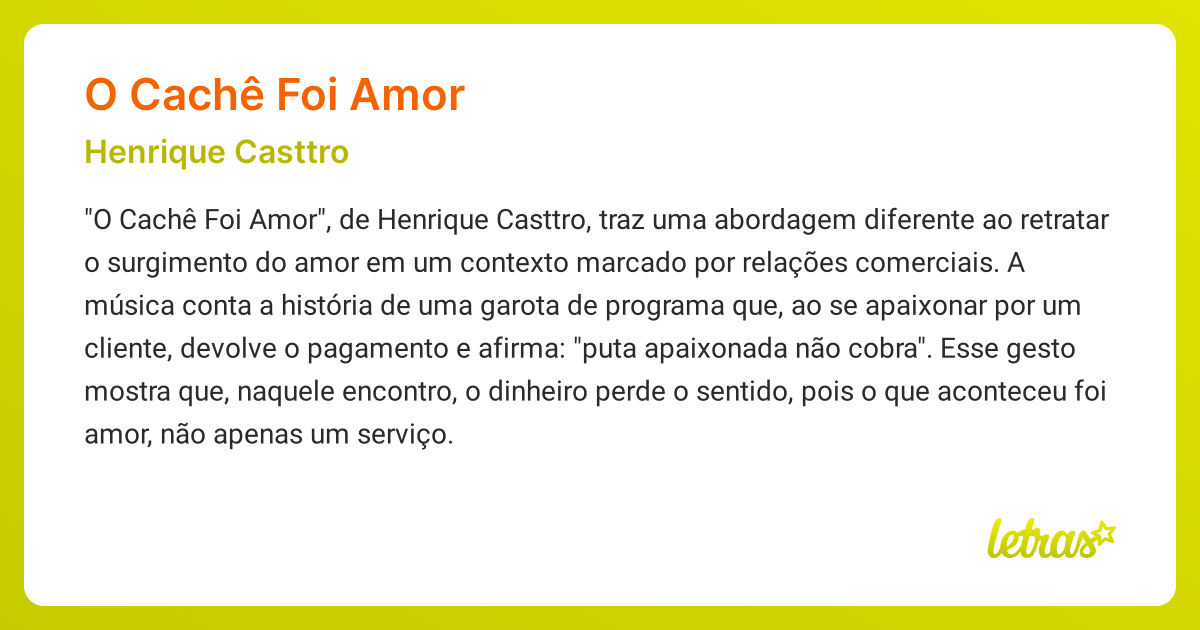 Significado da música O CACHÊ FOI AMOR (Henrique Casttro) - LETRAS.MUS.BR