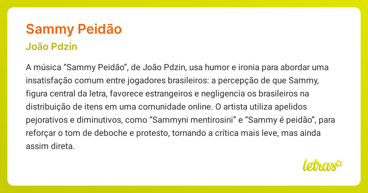 Significado da música SAMMY PEIDÃO (João Pdzin) - LETRAS.MUS.BR