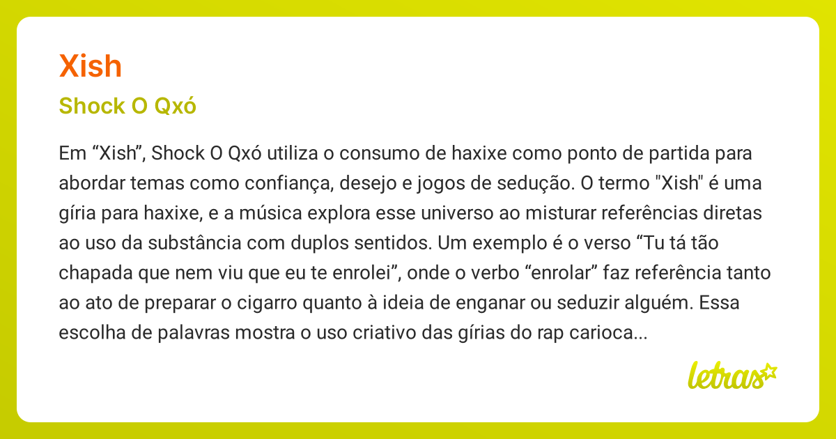 Significado da música XISH (Shock O Qxó) - LETRAS.MUS.BR