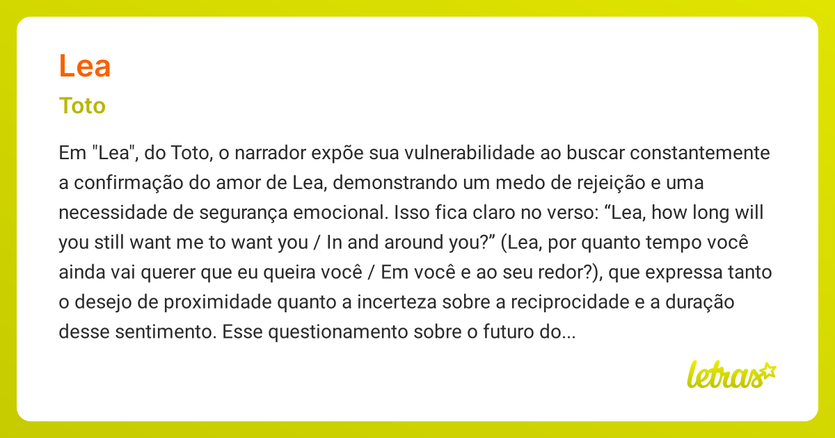 Significado da música LEA (Toto) - LETRAS.MUS.BR