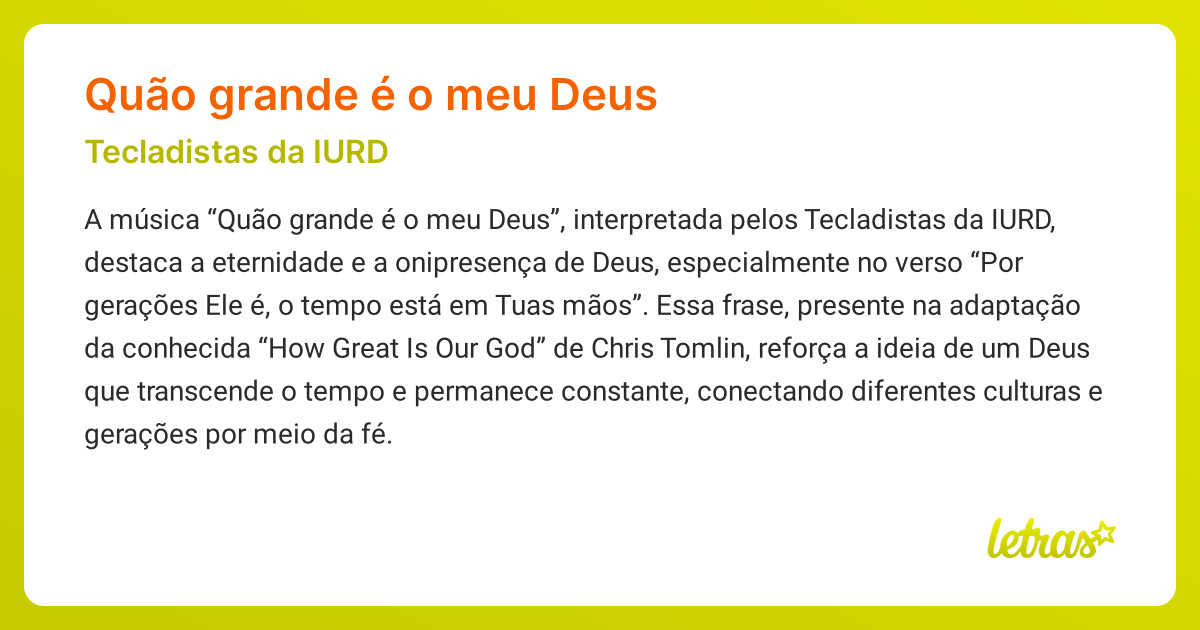Significado da música QUÃO GRANDE É O MEU DEUS (Tecladistas da IURD ...