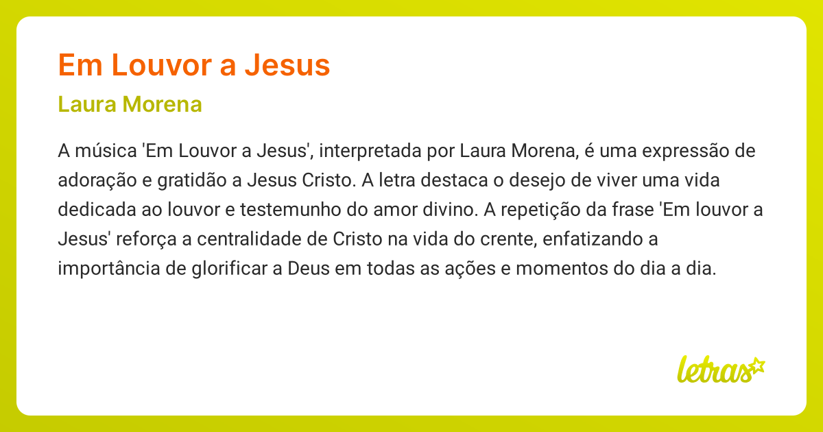 Significado da música EM LOUVOR A JESUS (Laura Morena) - LETRAS.MUS.BR