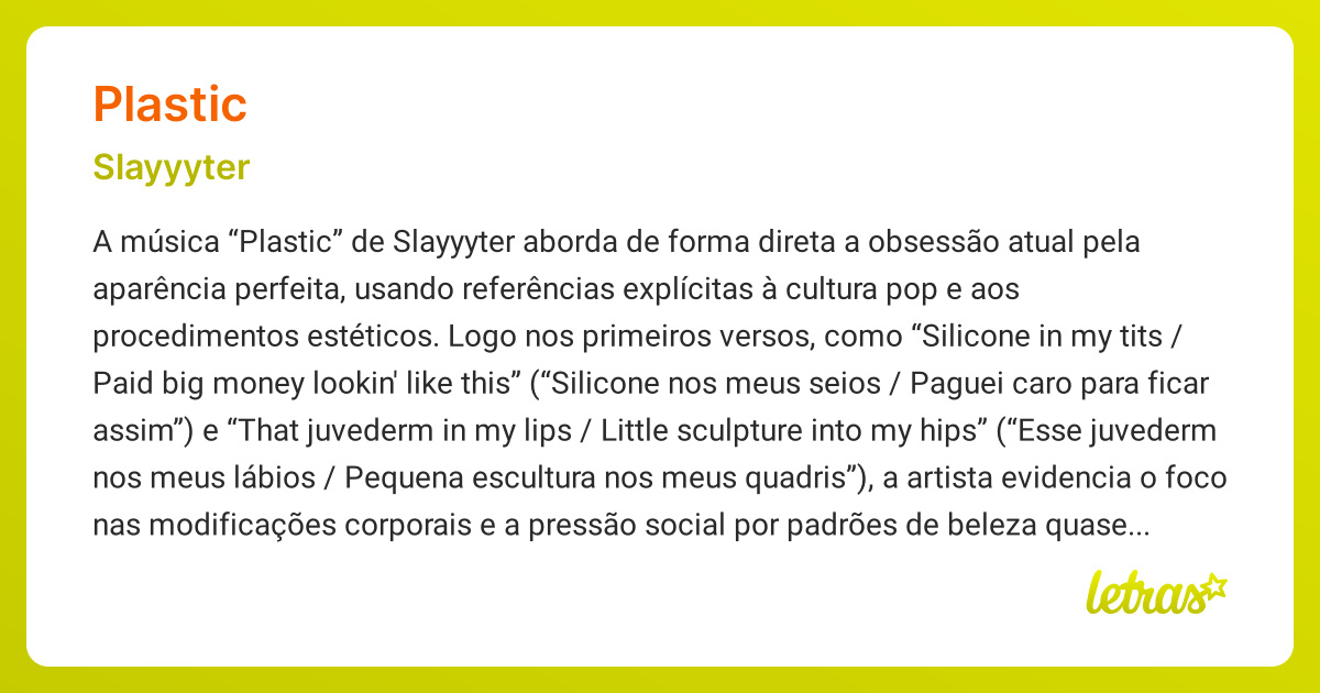 Significado da música PLASTIC (Slayyyter) - LETRAS.MUS.BR