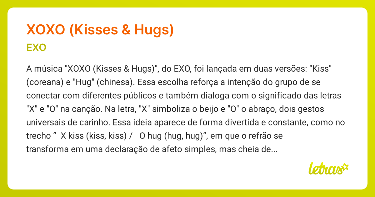 Significado da música XOXO (KISSES & HUGS) (EXO ) - LETRAS.MUS.BR