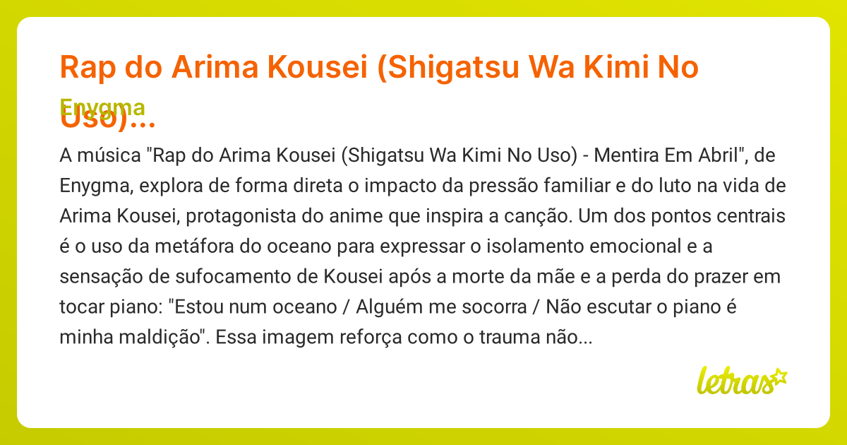 Significado da música Rap do Arima Kousei (Shigatsu Wa Kimi No Uso ...