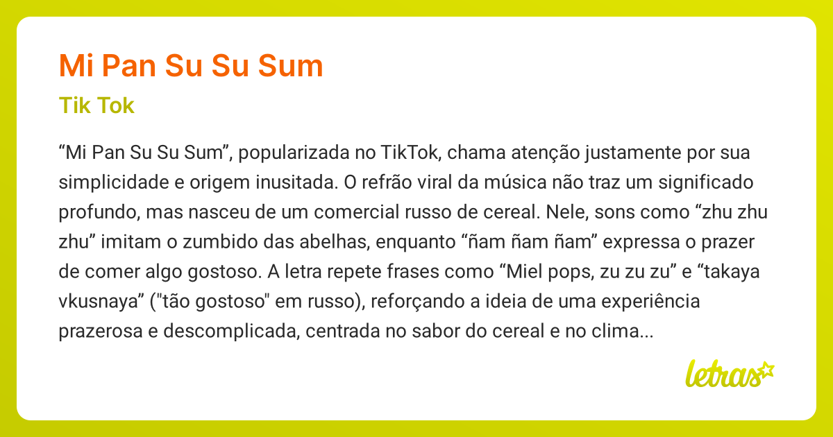 Significado da música MI PAN SU SU SUM (Tik Tok) - LETRAS.MUS.BR