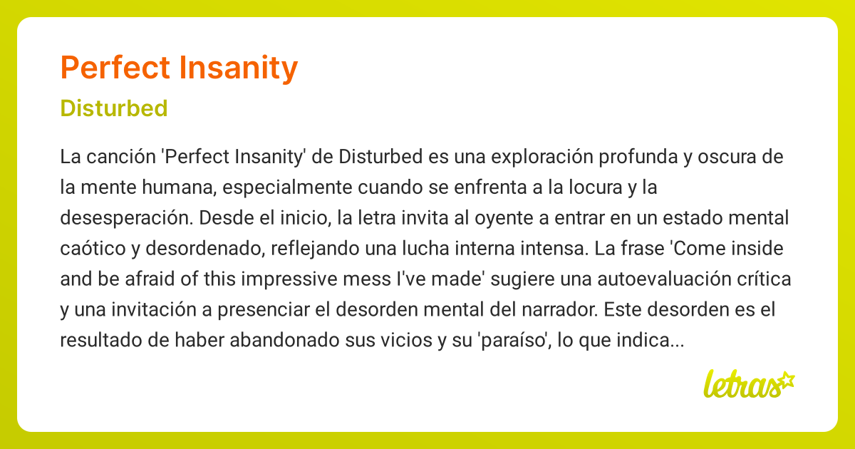 Significado de la canción PERFECT INSANITY (Disturbed) - LETRAS.COM