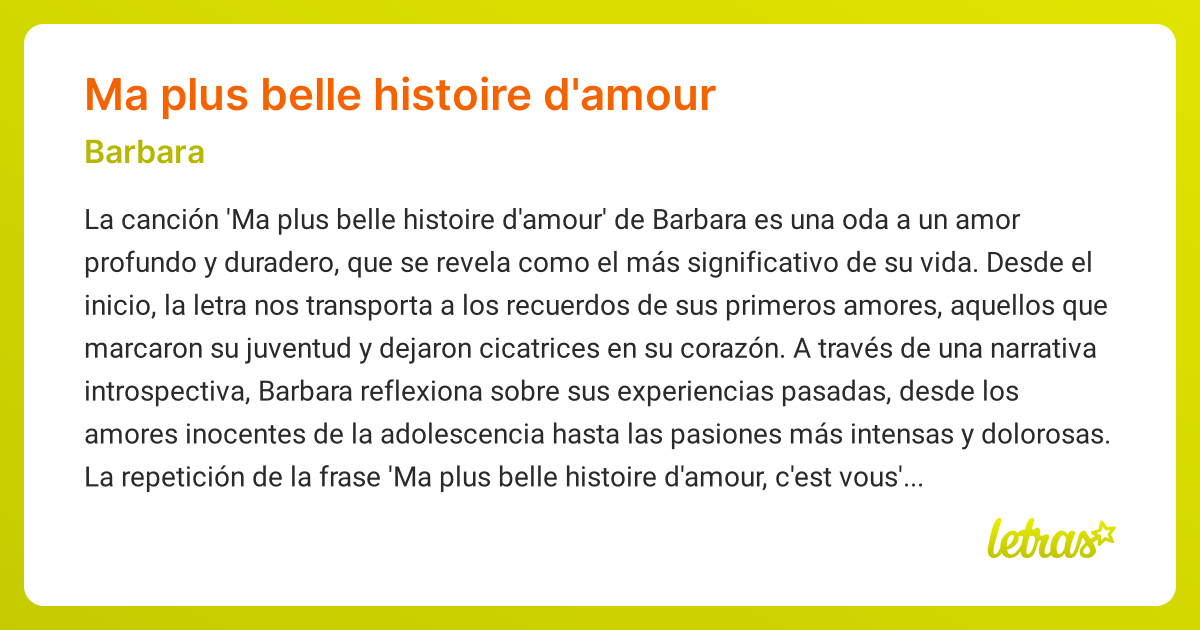 Significado de la canción MA PLUS BELLE HISTOIRE D'AMOUR (Barbara ...