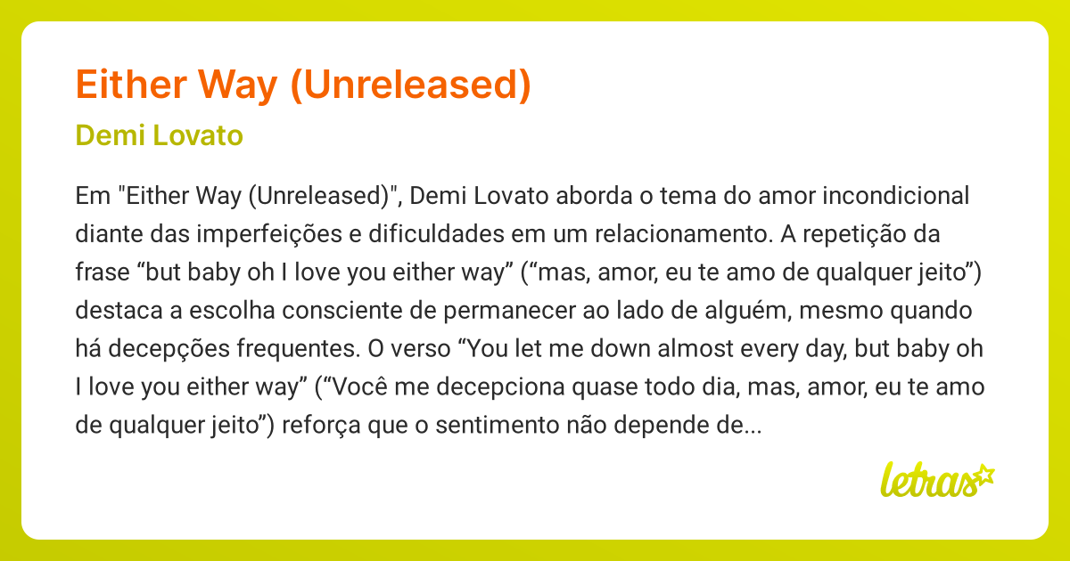 Significado da música EITHER WAY (UNRELEASED) (Demi Lovato) - LETRAS.MUS.BR