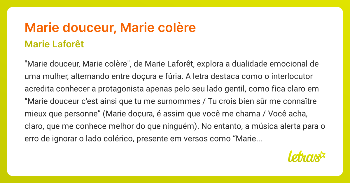 Significado da música MARIE DOUCEUR, MARIE COLÈRE (Marie Laforêt) - LETRAS.MUS.BR