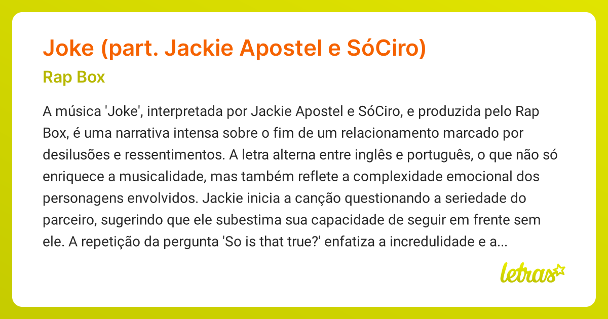 Significado da música Joke (part. Jackie Apostel e SóCiro) (Rap Box ...