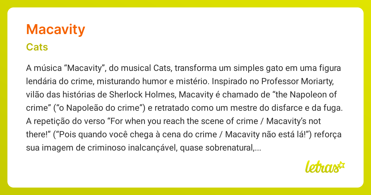 Significado da música MACAVITY (Cats) - LETRAS.MUS.BR