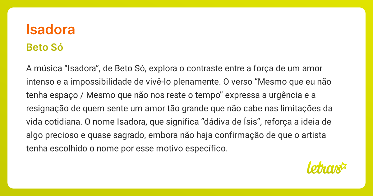 Significado da música ISADORA (Beto Só) - LETRAS.MUS.BR